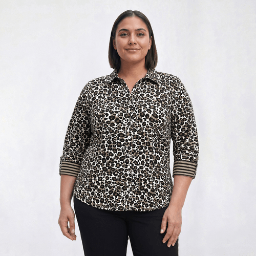 Click here for Plus Size Emily Daniels 3/4 Roll Sleeve Leopard Bu... prices